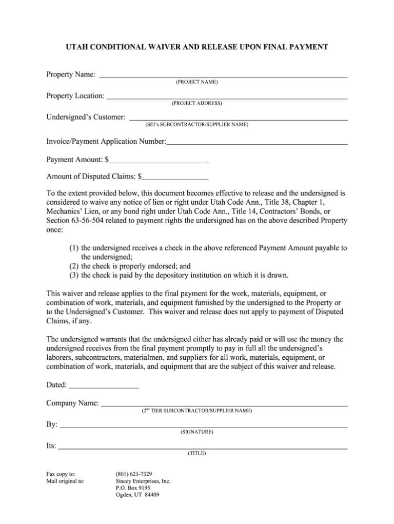 Utah Conditional Lien Waiver Template