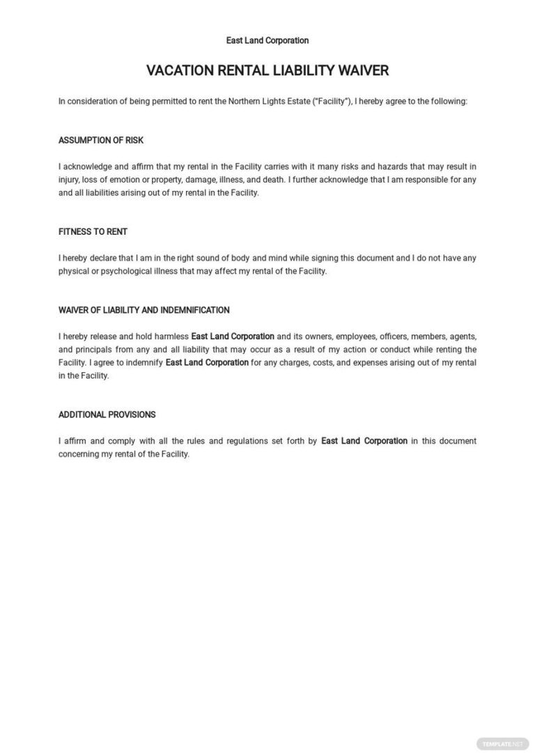 Vacation Rental Refund Waiver Template