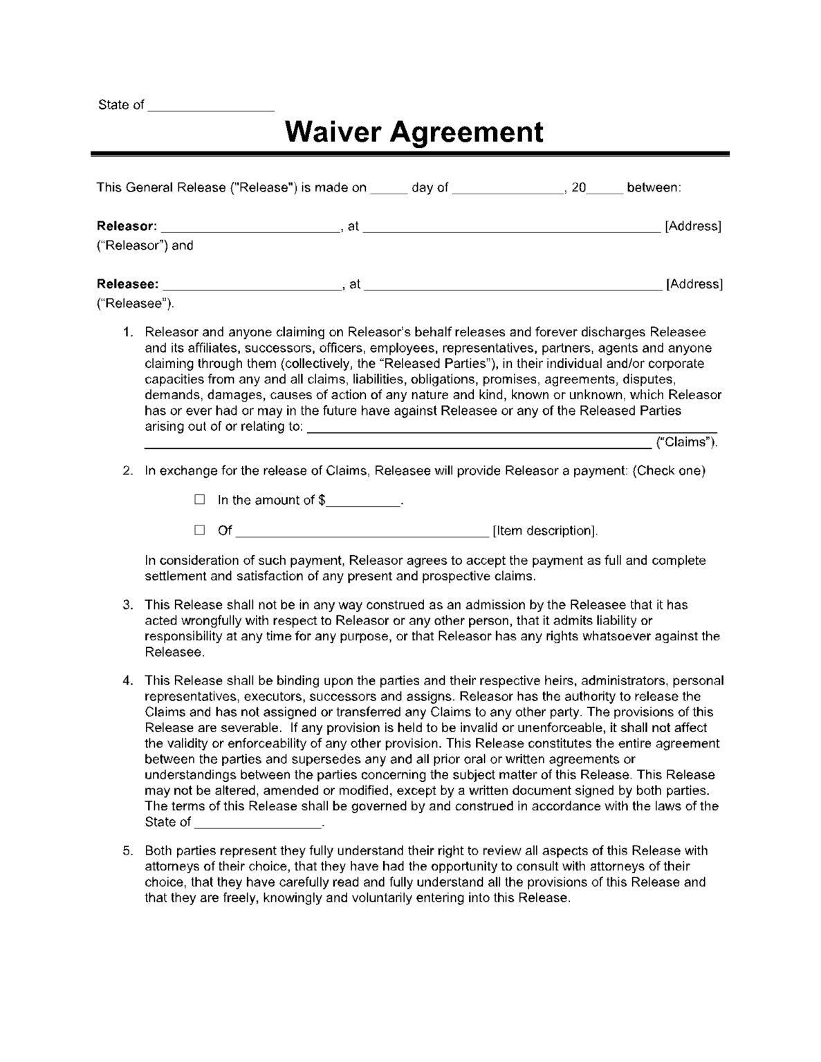 Waiver Form Waiver Agreement Template