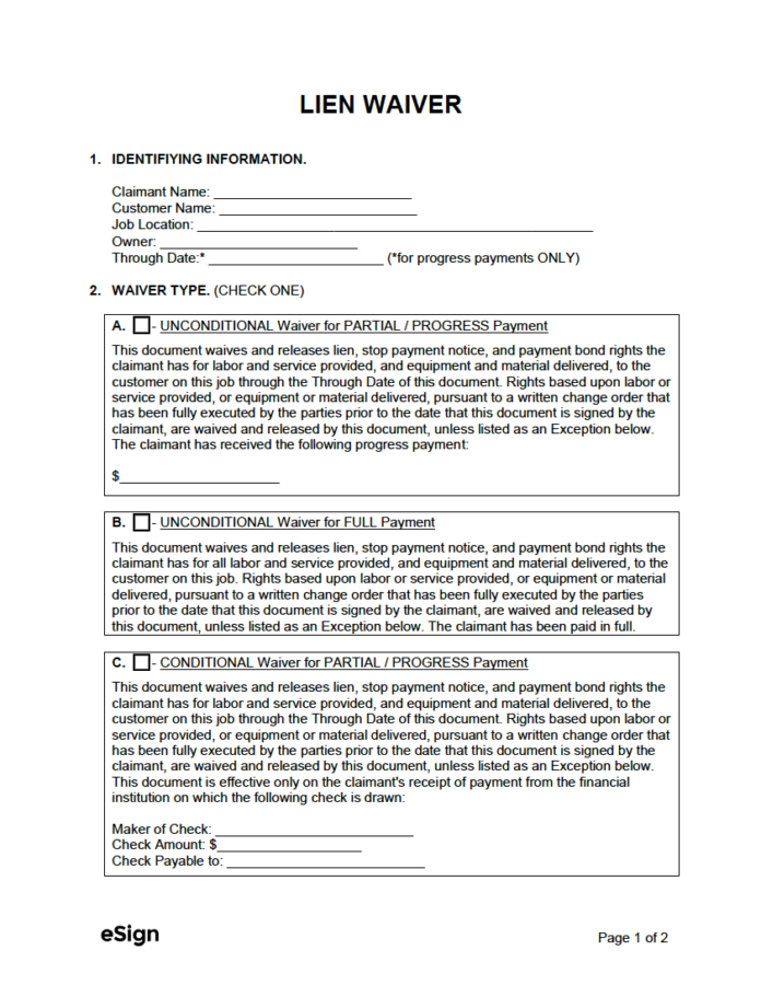 Waiver Of Lien Subcontractor Template