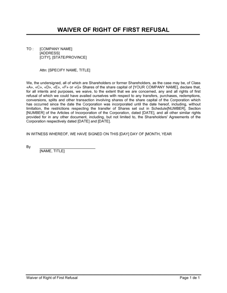 Waiver Of Right Of First Refusal Template