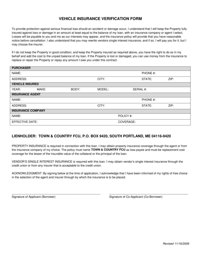 Proof Of Insurance Document Template