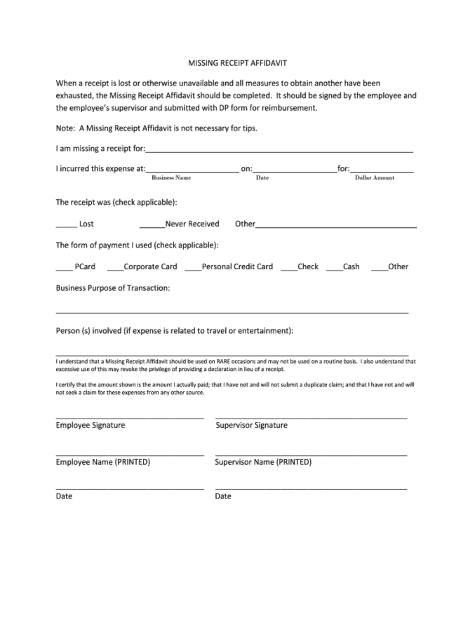 Affidavit of Loss Receipt Template