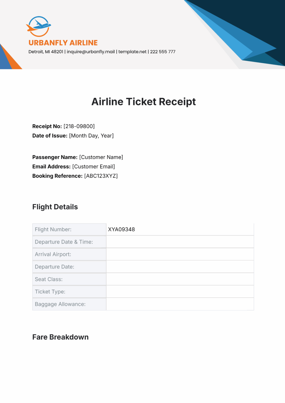 Airline Ticket Refund Receipt Template