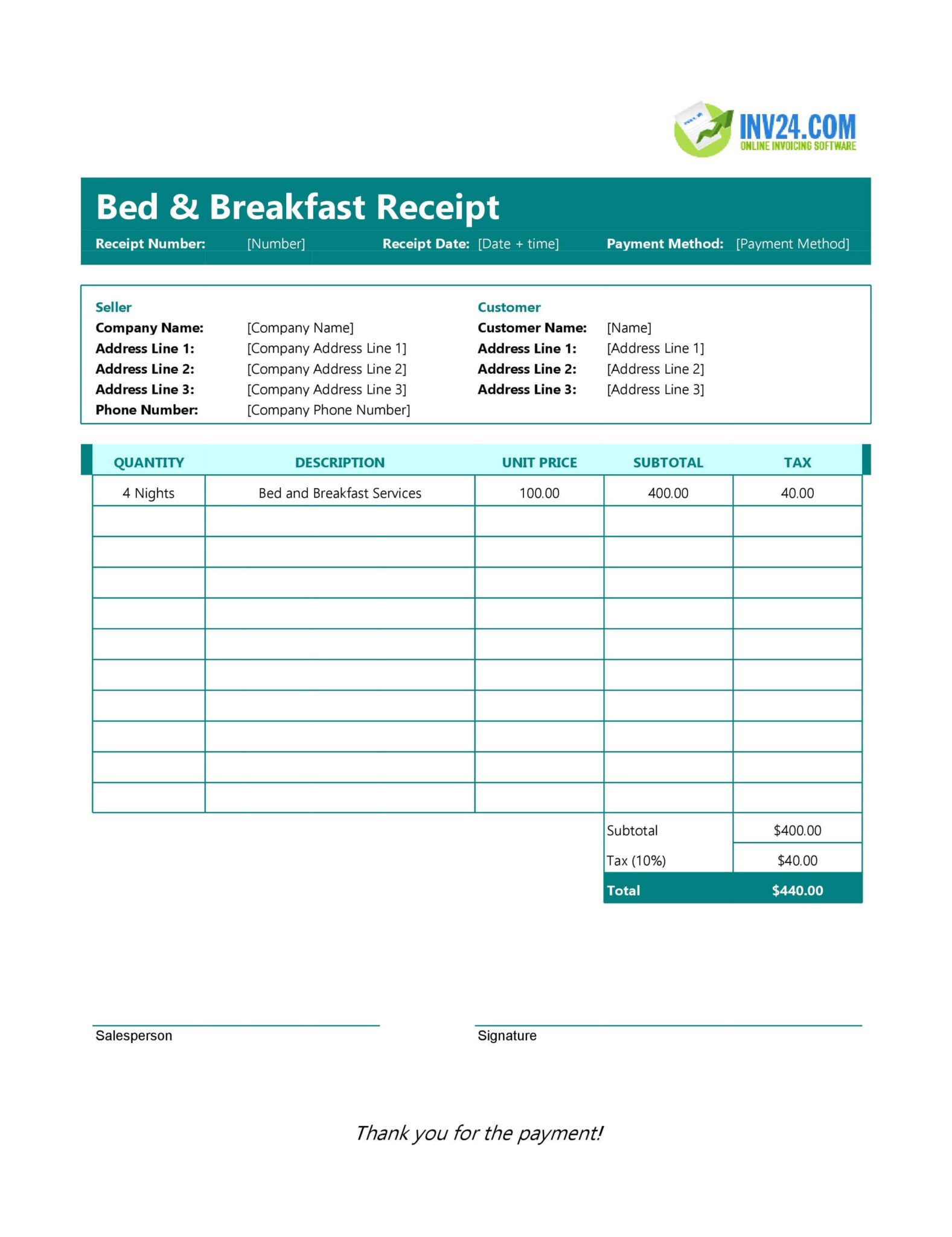 Bed And Breakfast Receipt Template
