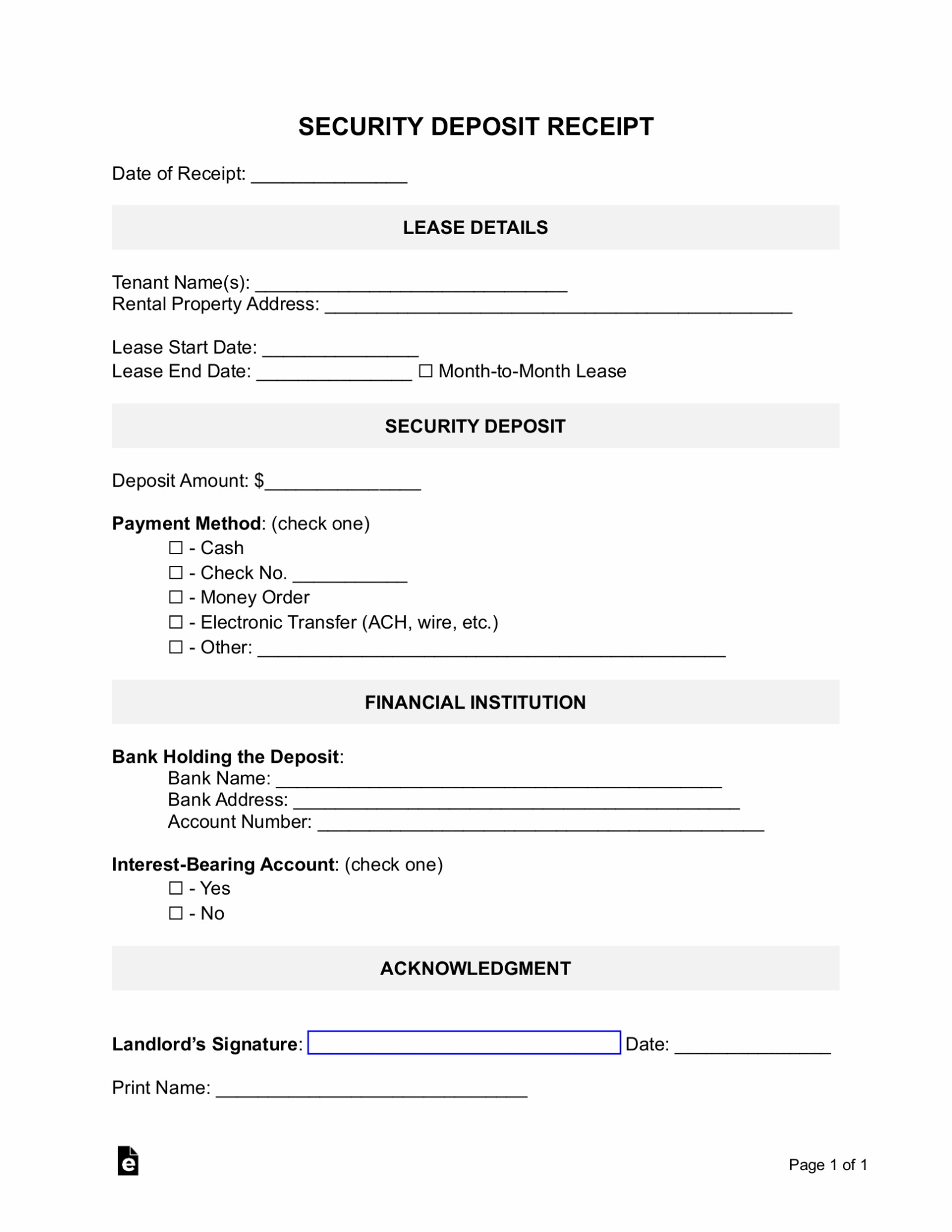 Commercial Lease Deposit Receipt Template