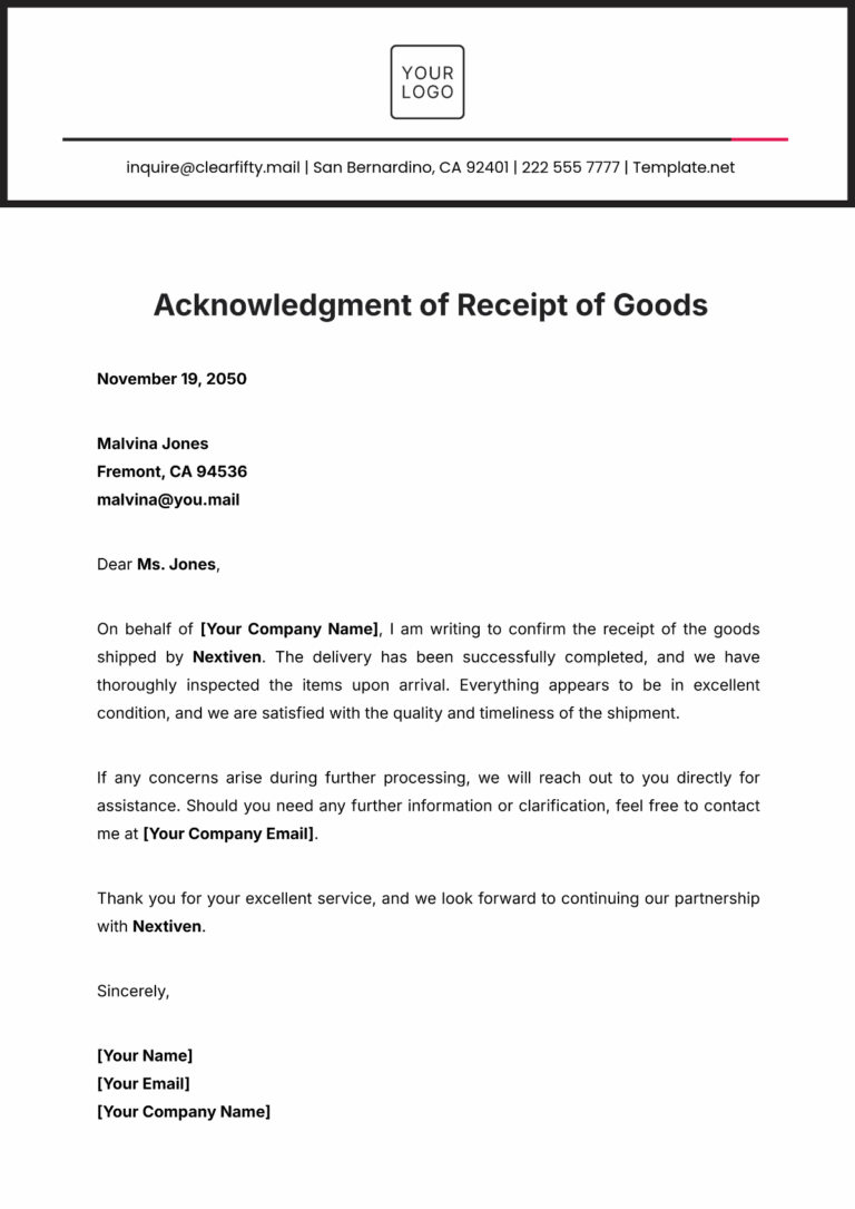 Confirmation Of Goods Receipt Template