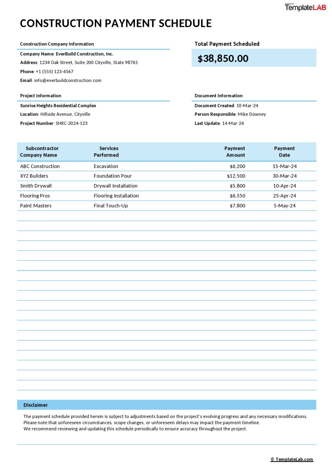 Construction Payment Schedule Receipt Template