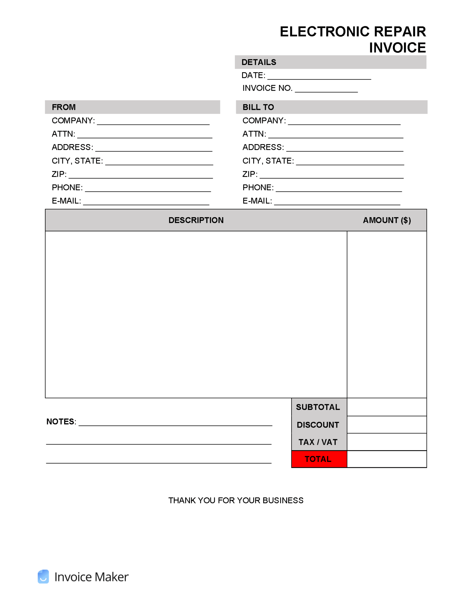 Electronics Repair Shop Receipt Template