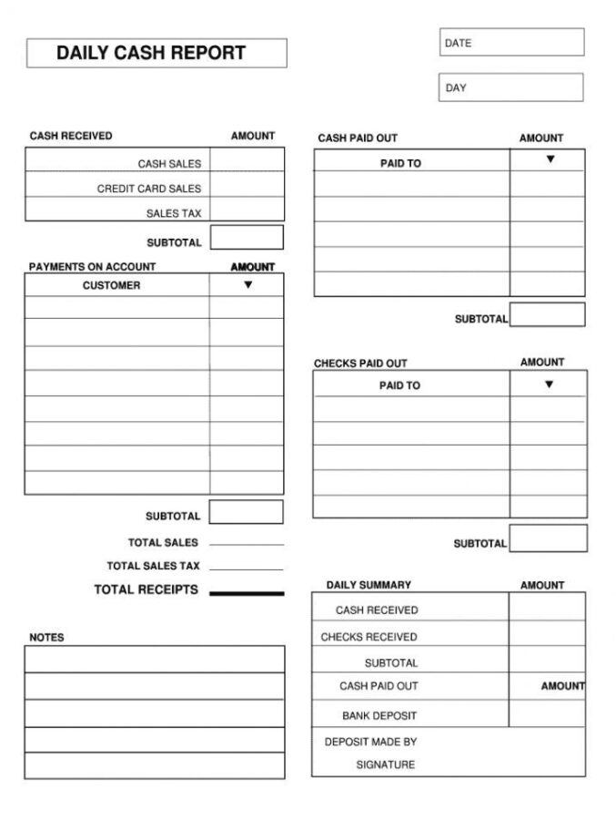 Daily Cash Up Sheet Template