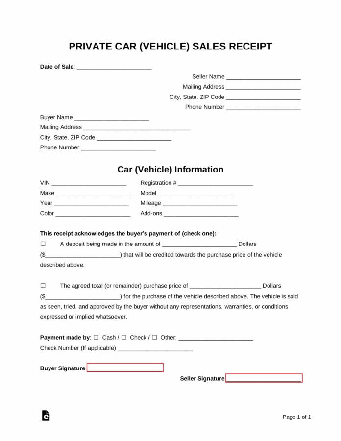 Motor Vehicle Sale Receipt Template