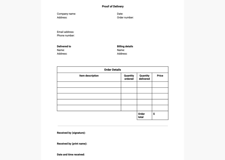 Proof of Delivery Document Template
