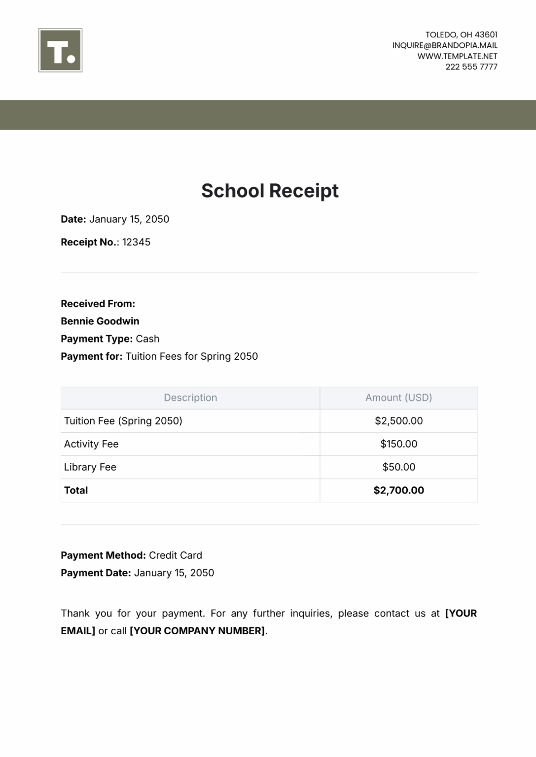 School Tuition Payment Receipt Template