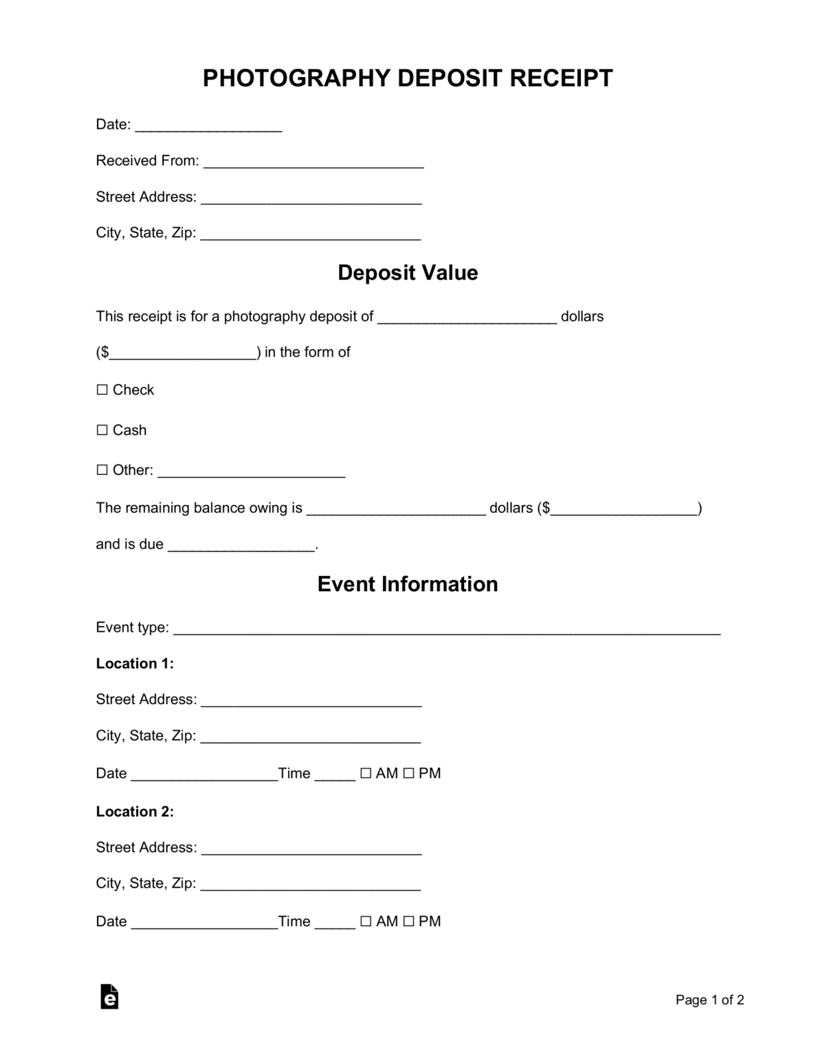 Wedding Photography Deposit Receipt Template