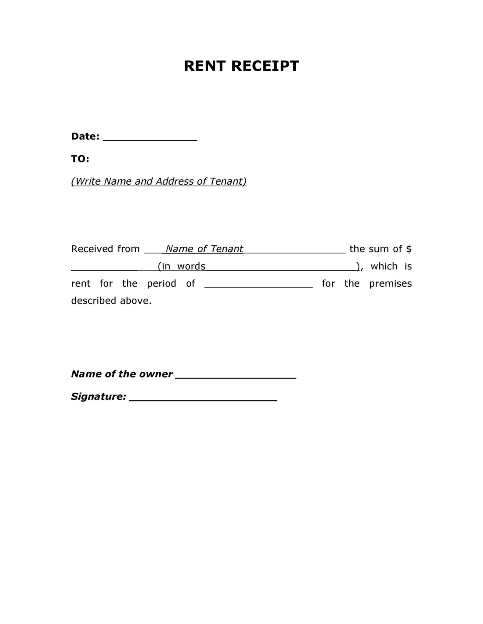 Pre Paid Rent Receipt Template