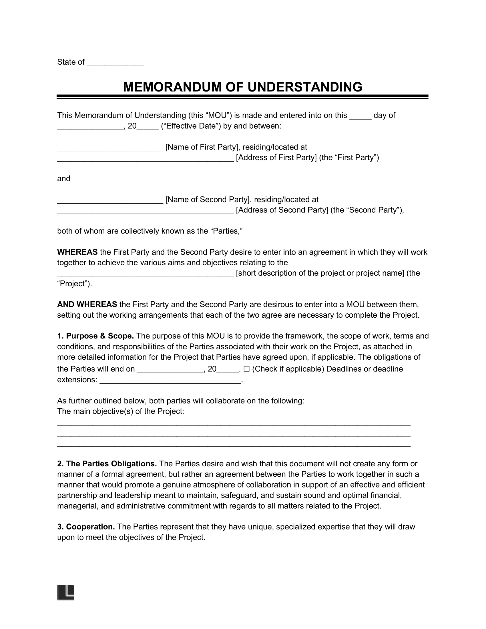 Memorandum Of Understanding Document Template