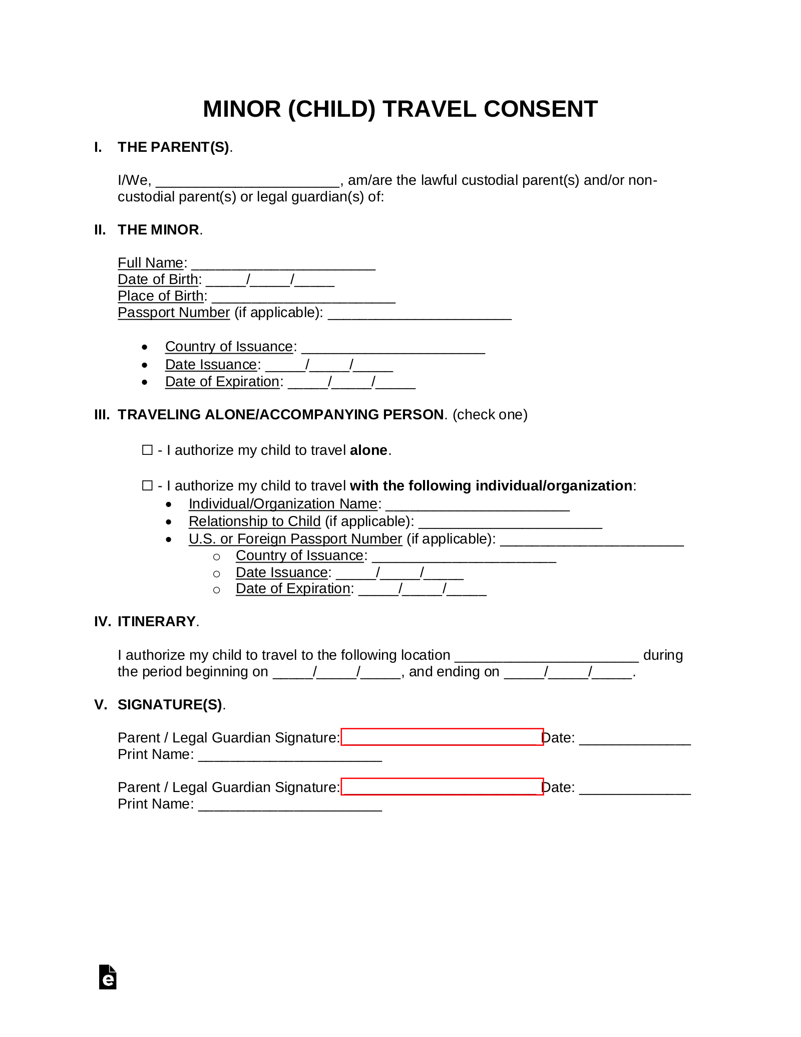 Minor Travel Consent Document Template