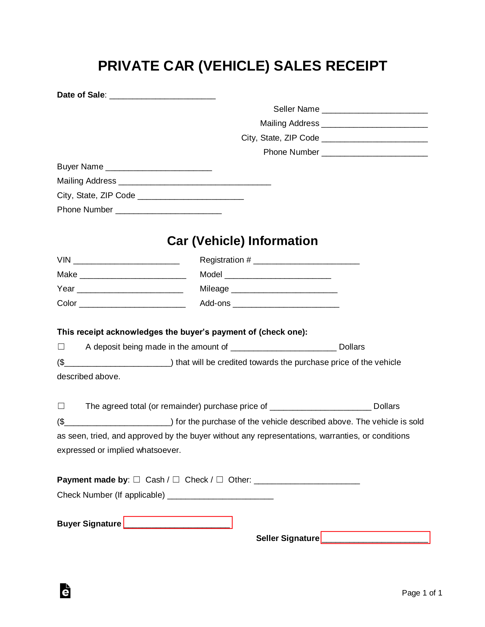 Private Car Sale Document Template