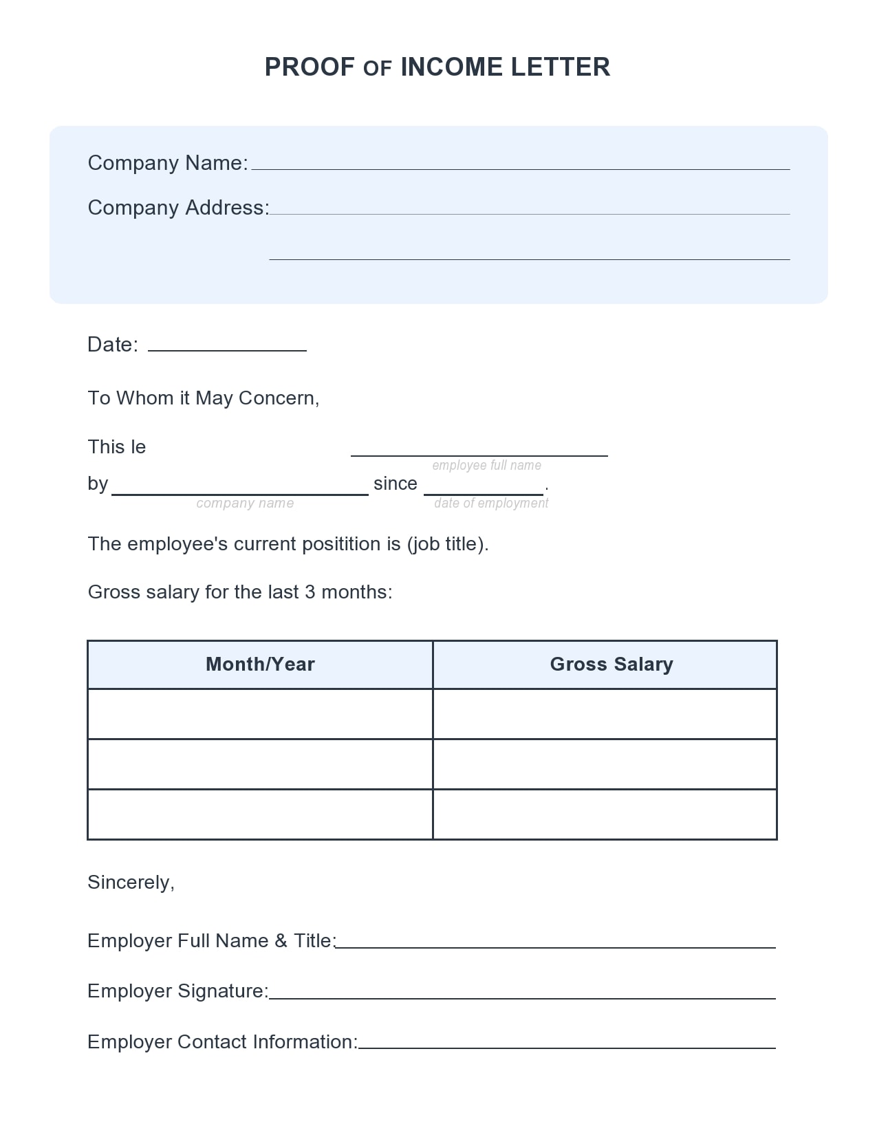 Proof Of Income Document Template