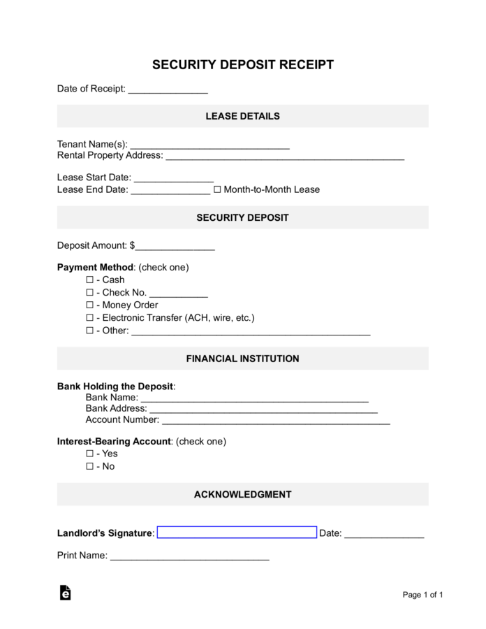 Security Deposit Return Receipt Template