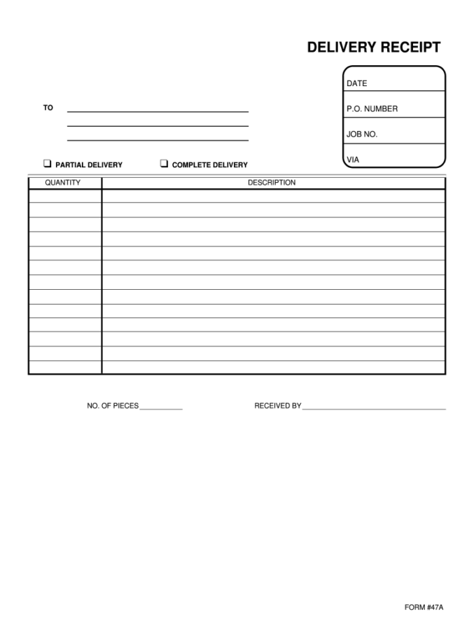 Delivery Pick Up Receipt Template