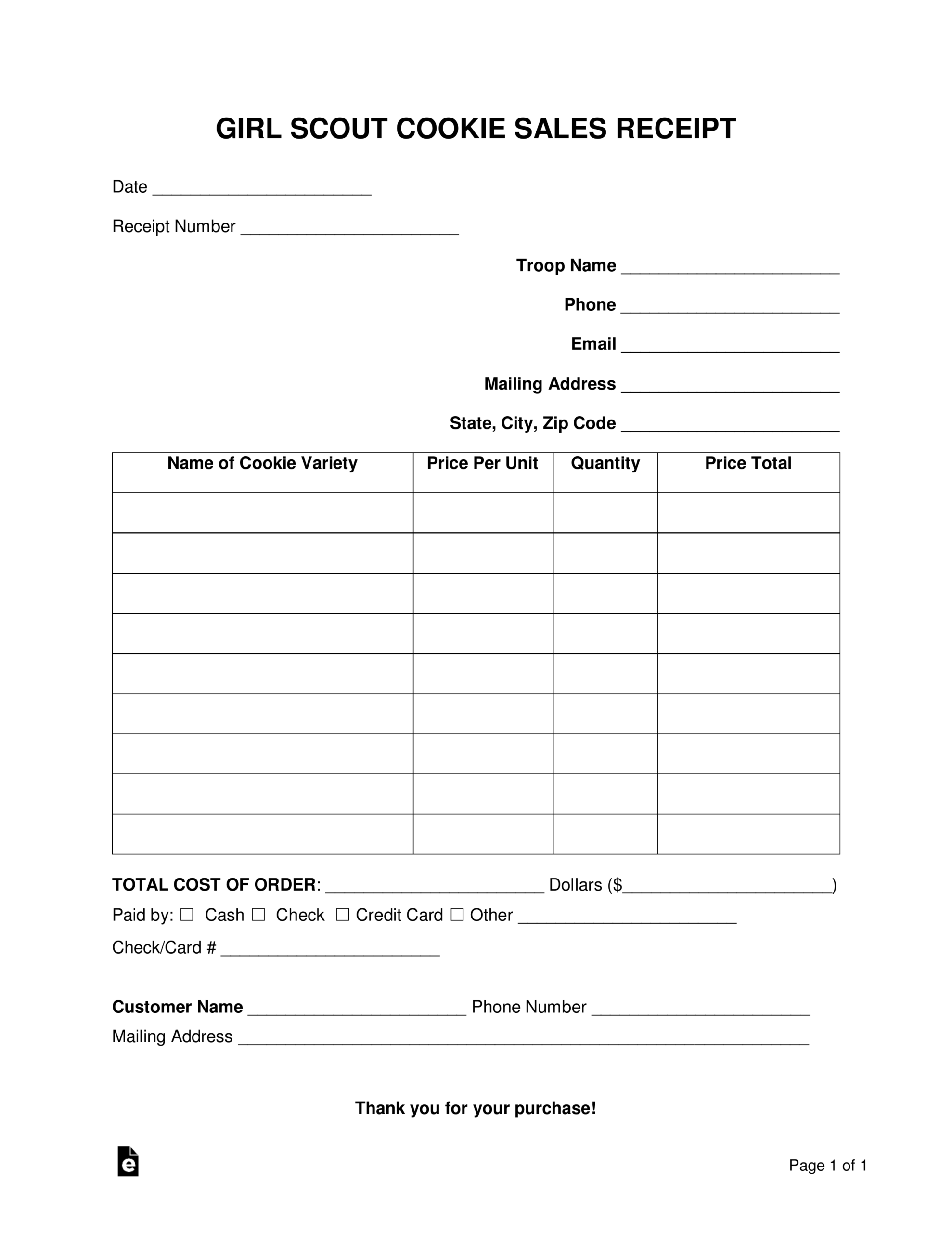 Girl Scout Cookie Sales Receipt Template