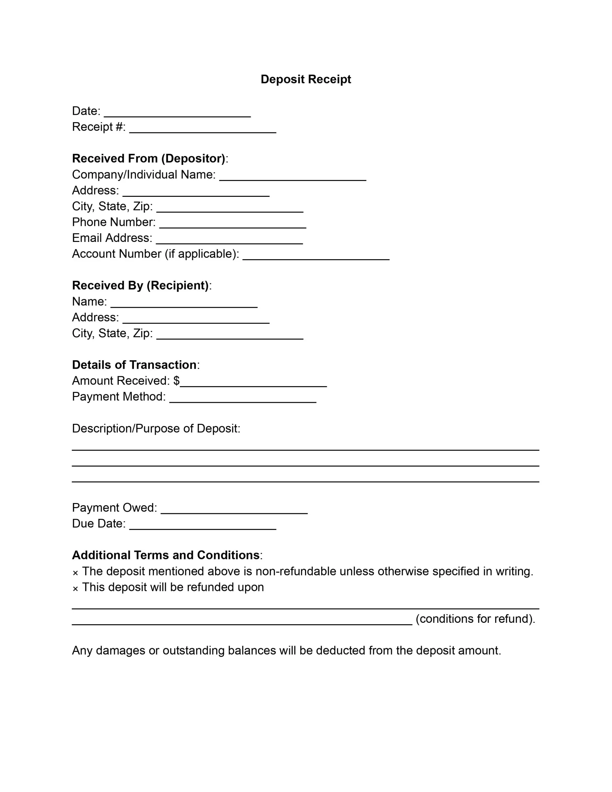 Intent To Purchase Deposit Receipt Template