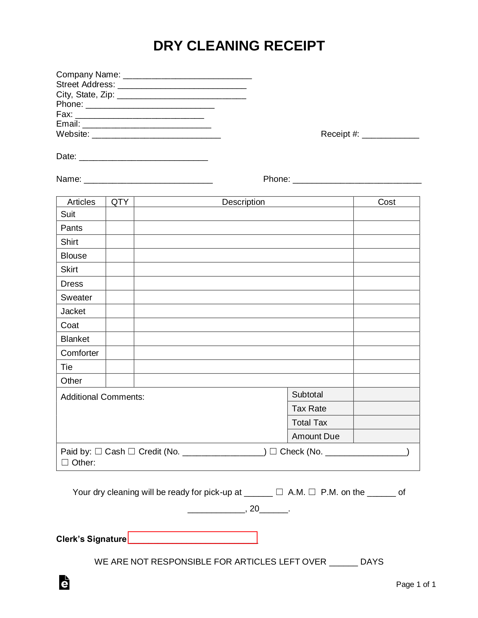 Laundry Pick Up Receipt Template