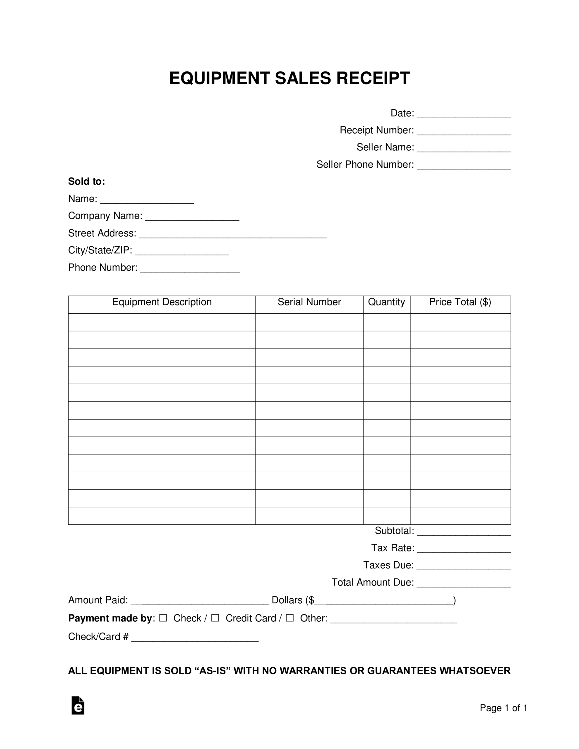 Receipt Template For Equipment As Is Sale